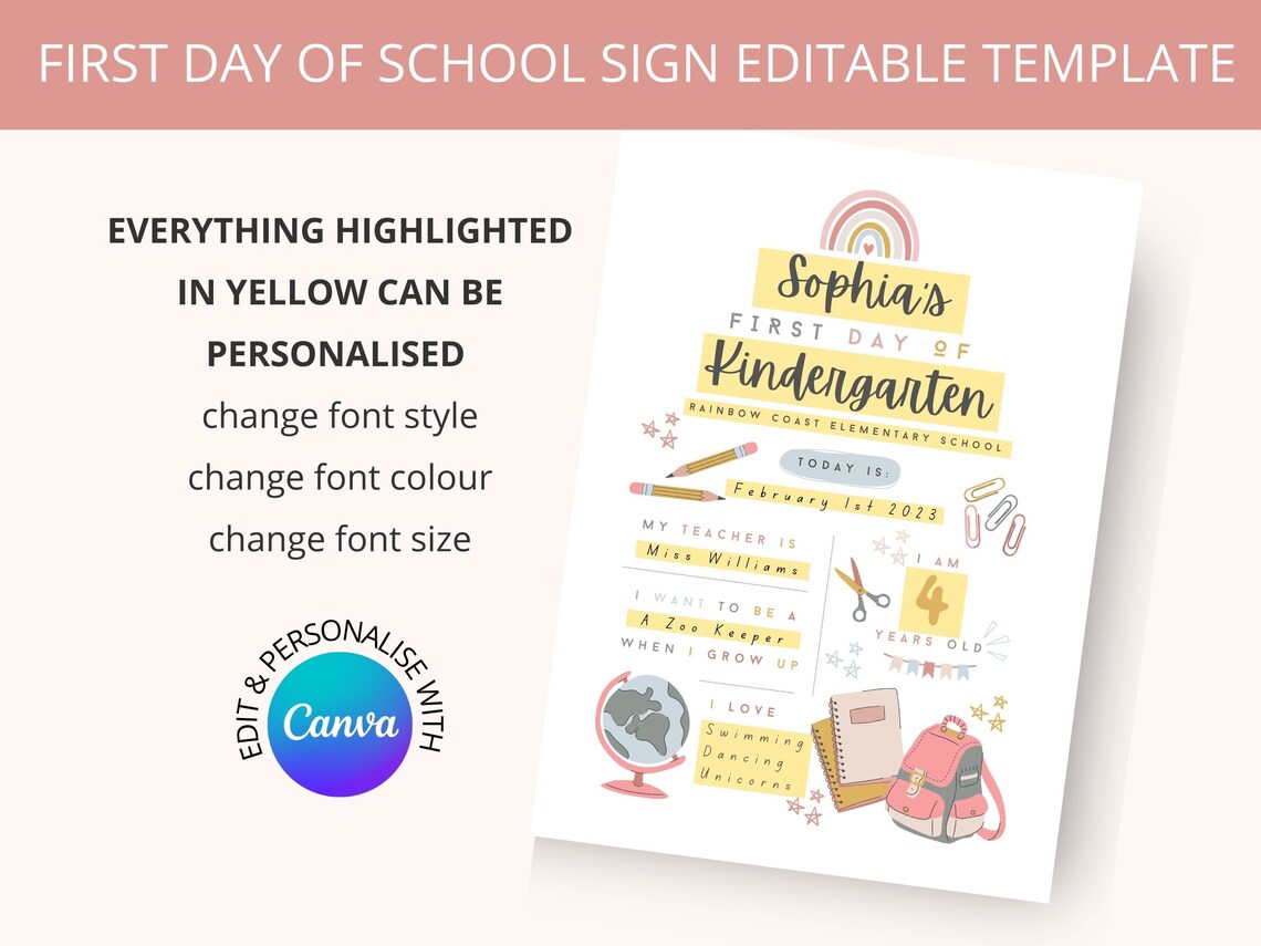 First Day of School Sign, Editable First Day of School Template, Back ...