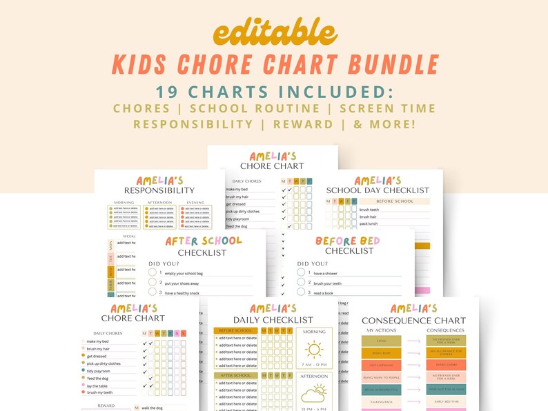 Editable Kids Chore Chart, Reward, Allowance, Screen Time, School ...