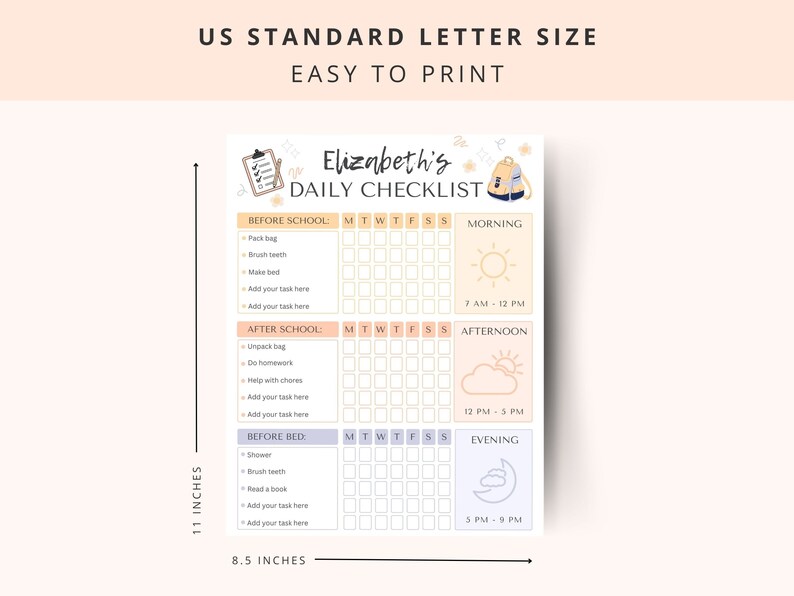 Kids School Day Checklist Schedule Printable, Editable Chore Chart ...