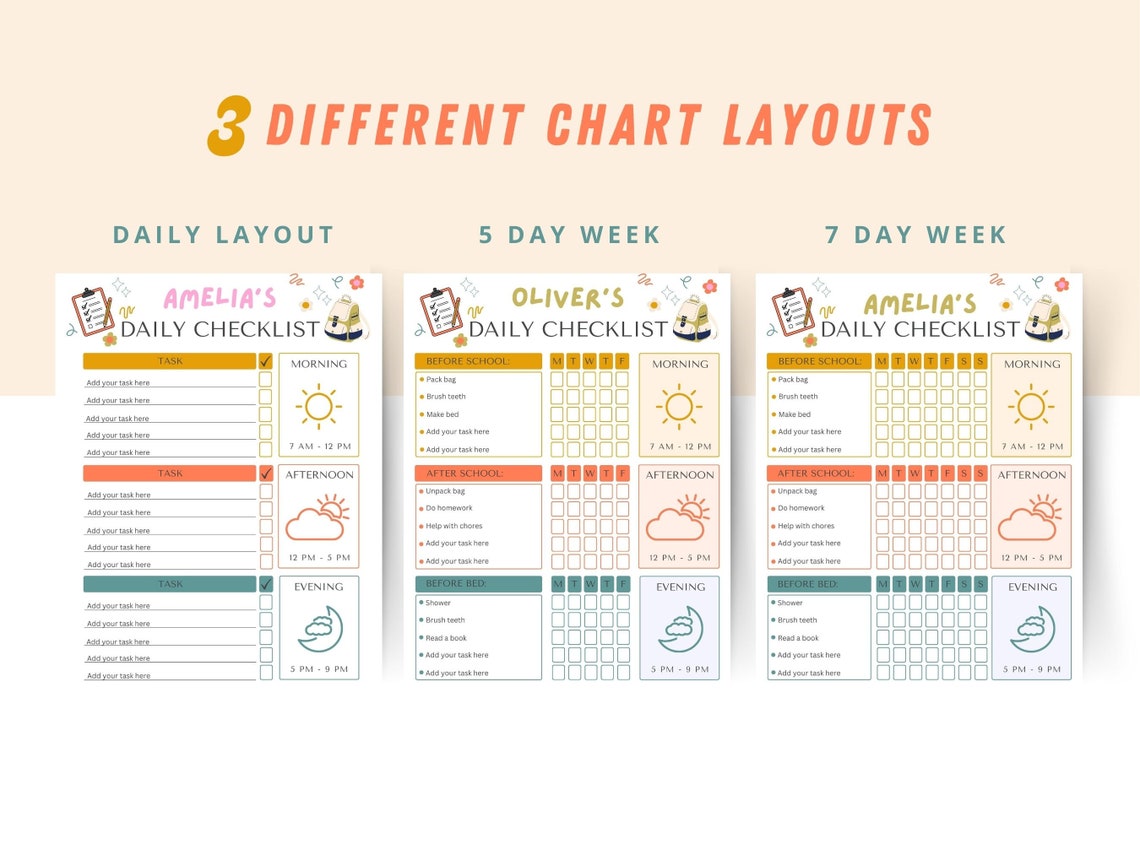 Kids School Day Checklist Schedule Printable, Editable Chore Chart ...
