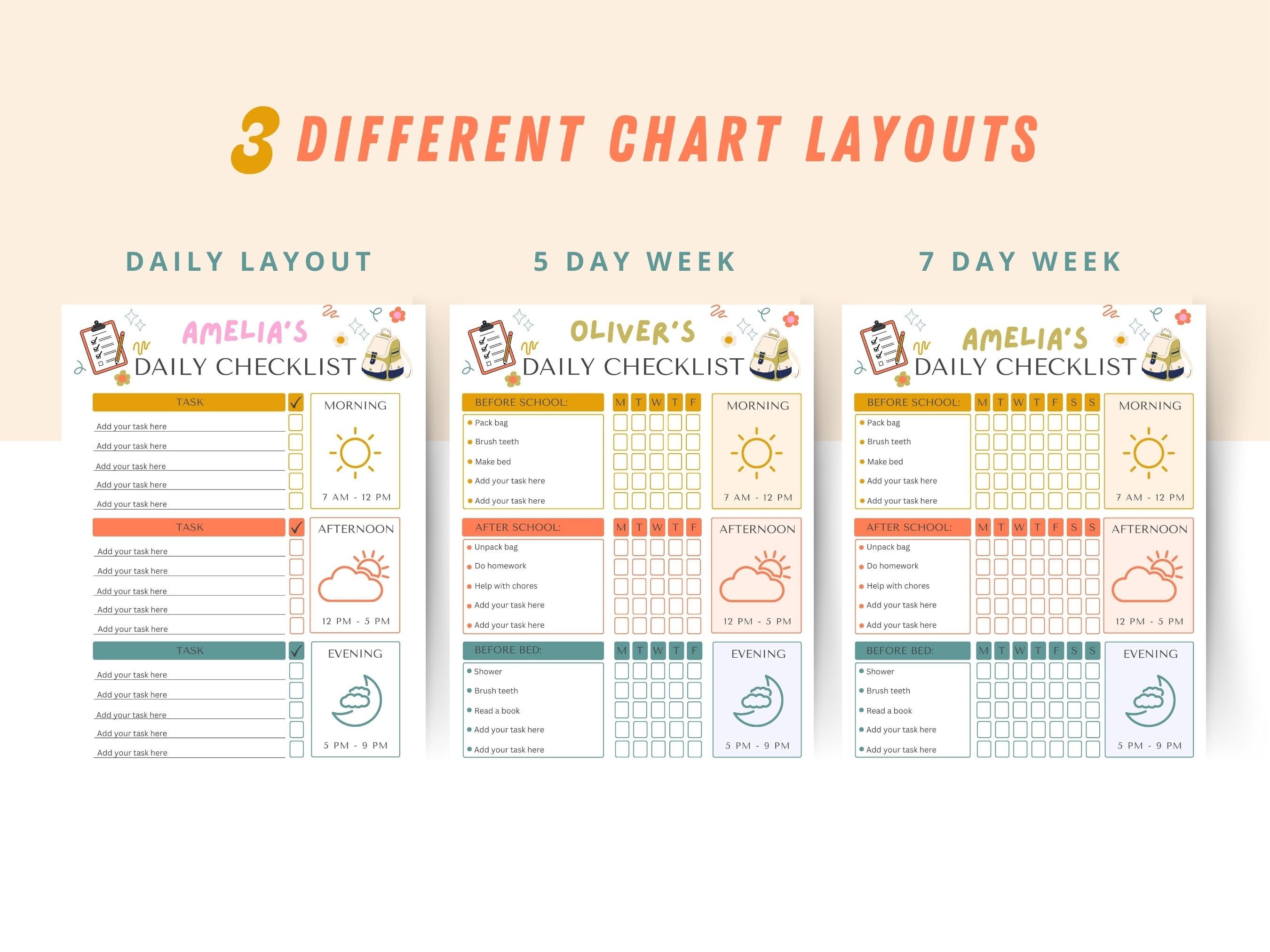 Kids School Day Checklist Schedule Printable, Editable Chore Chart ...