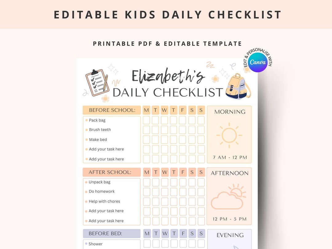 Kids Daily School Checklist Schedule Printable, Editable Chore Chart ...