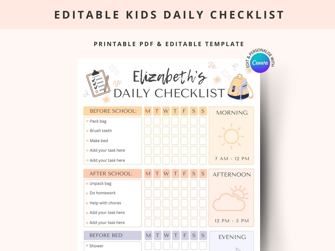 Kids Daily School Checklist Schedule Printable, Editable Chore Chart ...