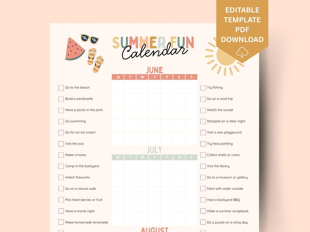 Printable Summer Calendar Poster, Summer Activities Calendar, Bucket ...