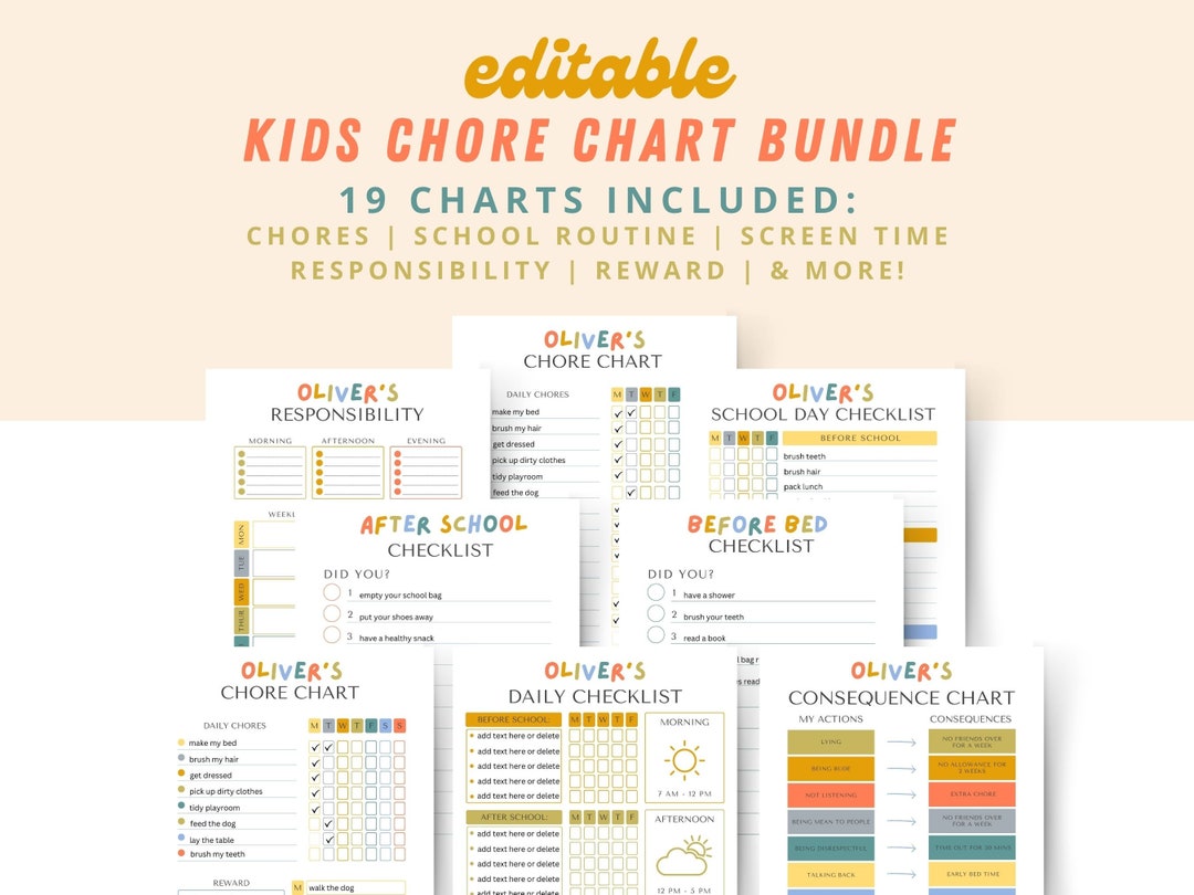 Editable Kids Chore Chart Bundle,kids Daily Checklist Canva,editable ...