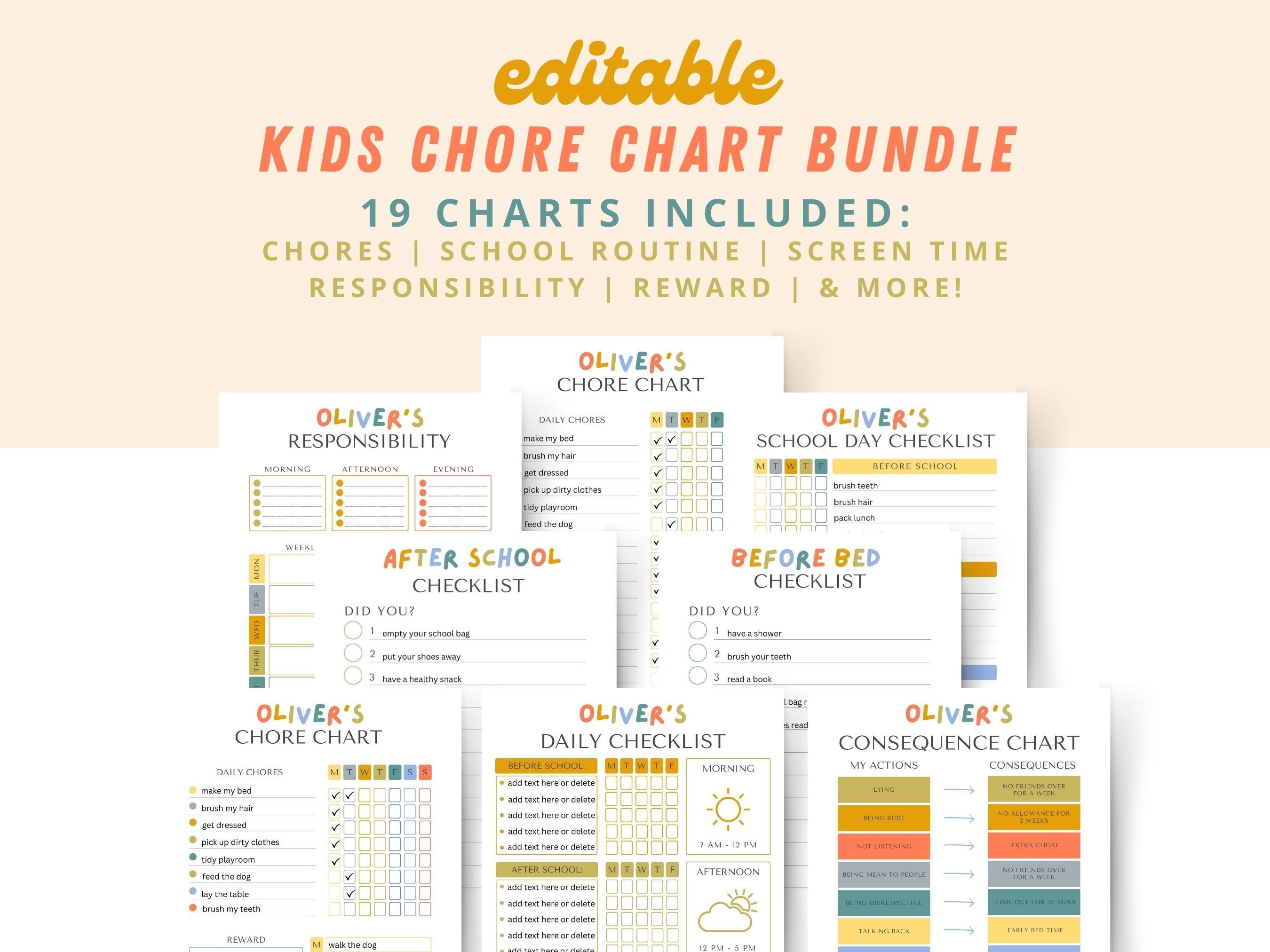Editable Kids Chore Chart Bundle,kids Daily Checklist Canva,editable ...
