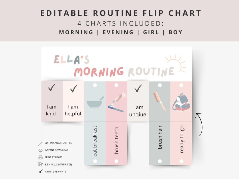 Kids Flip Routine Chart Editable Printable,morning Flip Done,evening ...