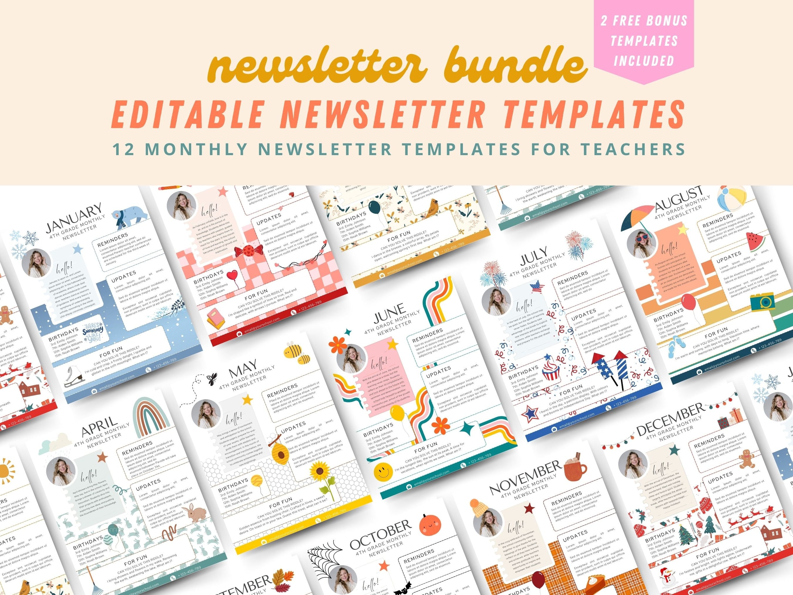 Editable School Newsletter Template, Newsletter Bundle, Monthly ...
