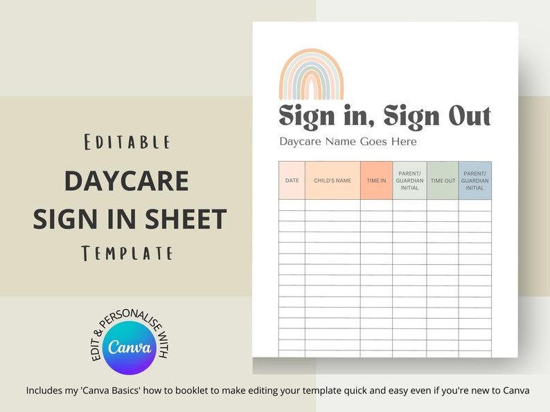 Sign in and Out Form for Daycare, Home Daycare, Preschool Sign in Sheet ...