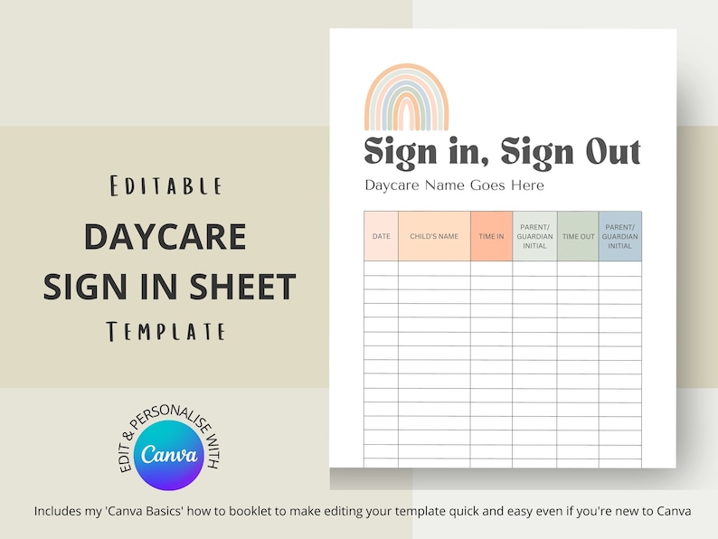 Sign in and Out Form for Daycare, Home Daycare, Preschool Sign in Sheet ...