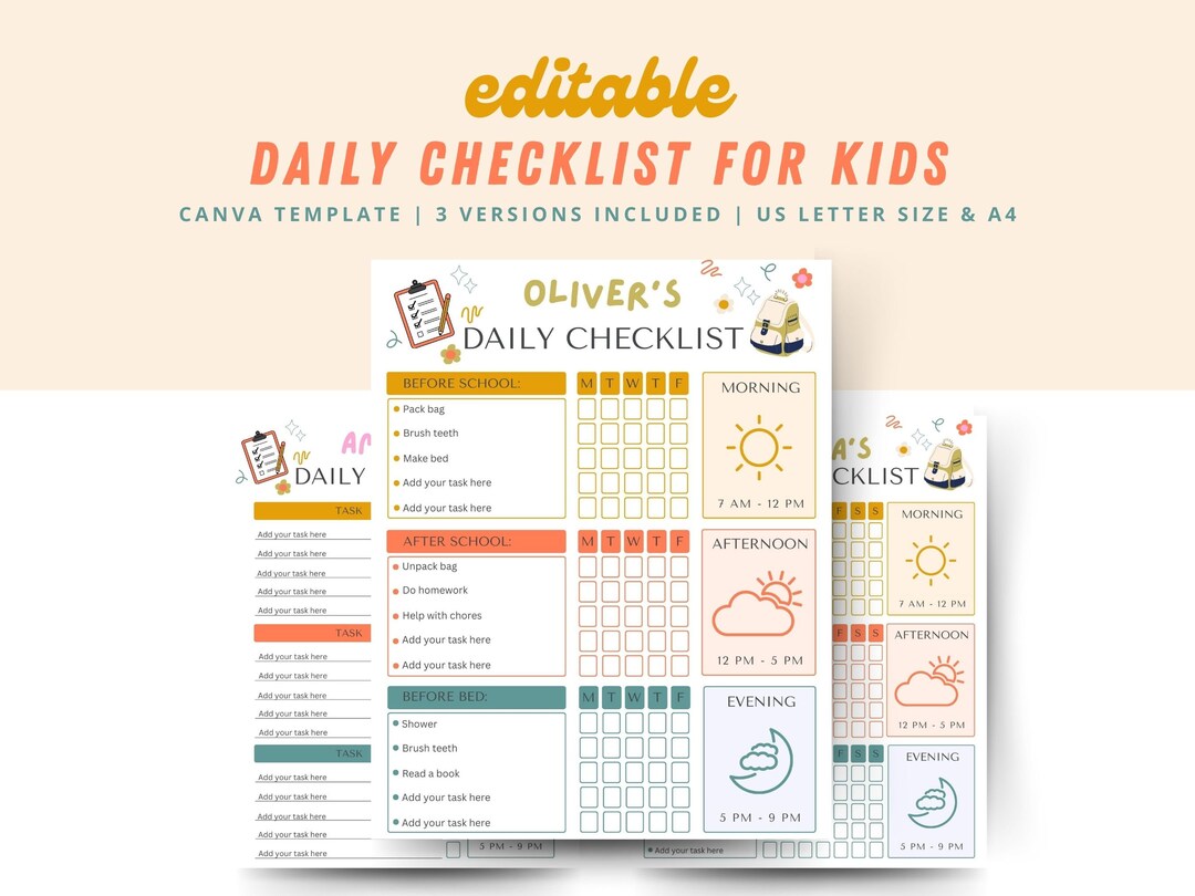 Kids School Day Checklist Schedule Printable, Editable Chore Chart ...