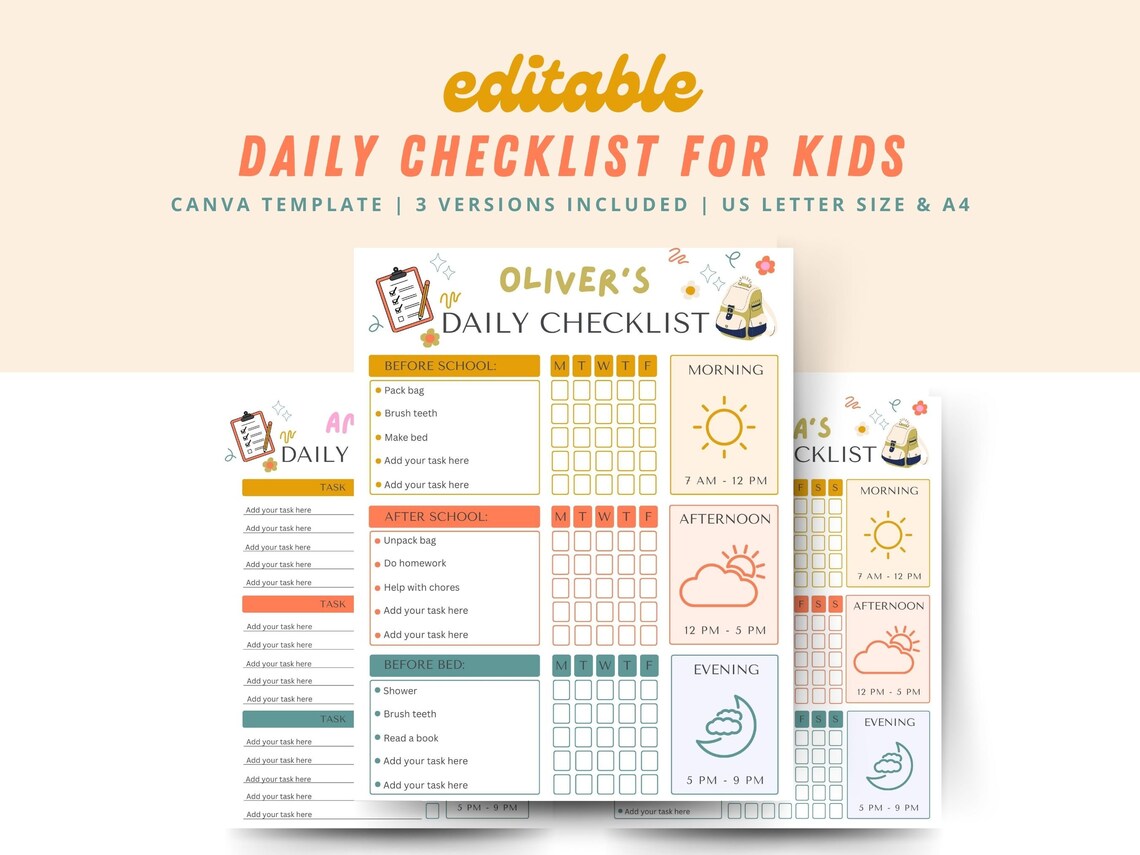 Kids School Day Checklist Schedule Printable, Editable Chore Chart ...