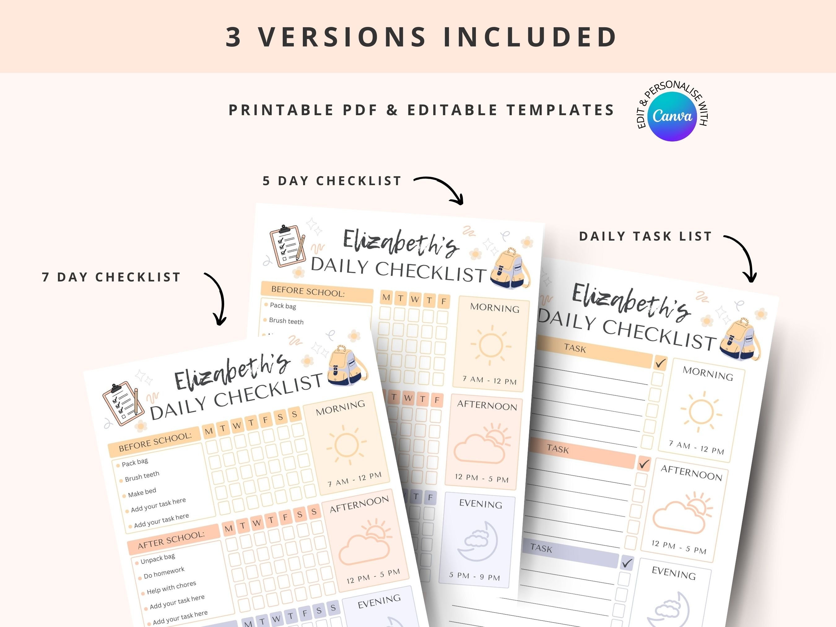 Kids Daily School Checklist Schedule Printable, Editable Chore Chart ...