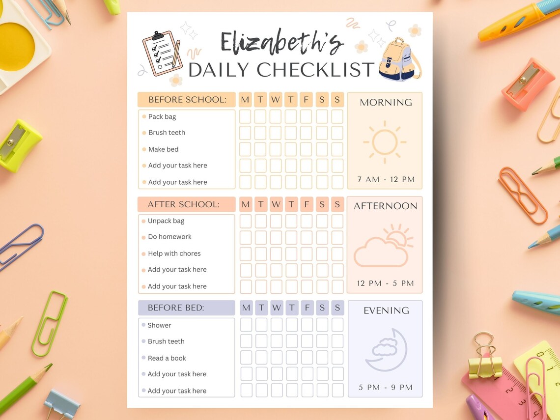 Kids Daily School Checklist Schedule Printable Editable Chore - Etsy