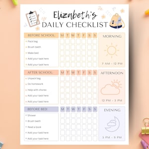 Kids Daily School Checklist Schedule Printable, Editable Chore Chart ...