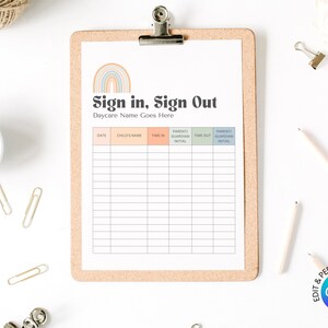 Sign in and Out Form for Daycare, Home Daycare, Preschool Sign in Sheet ...