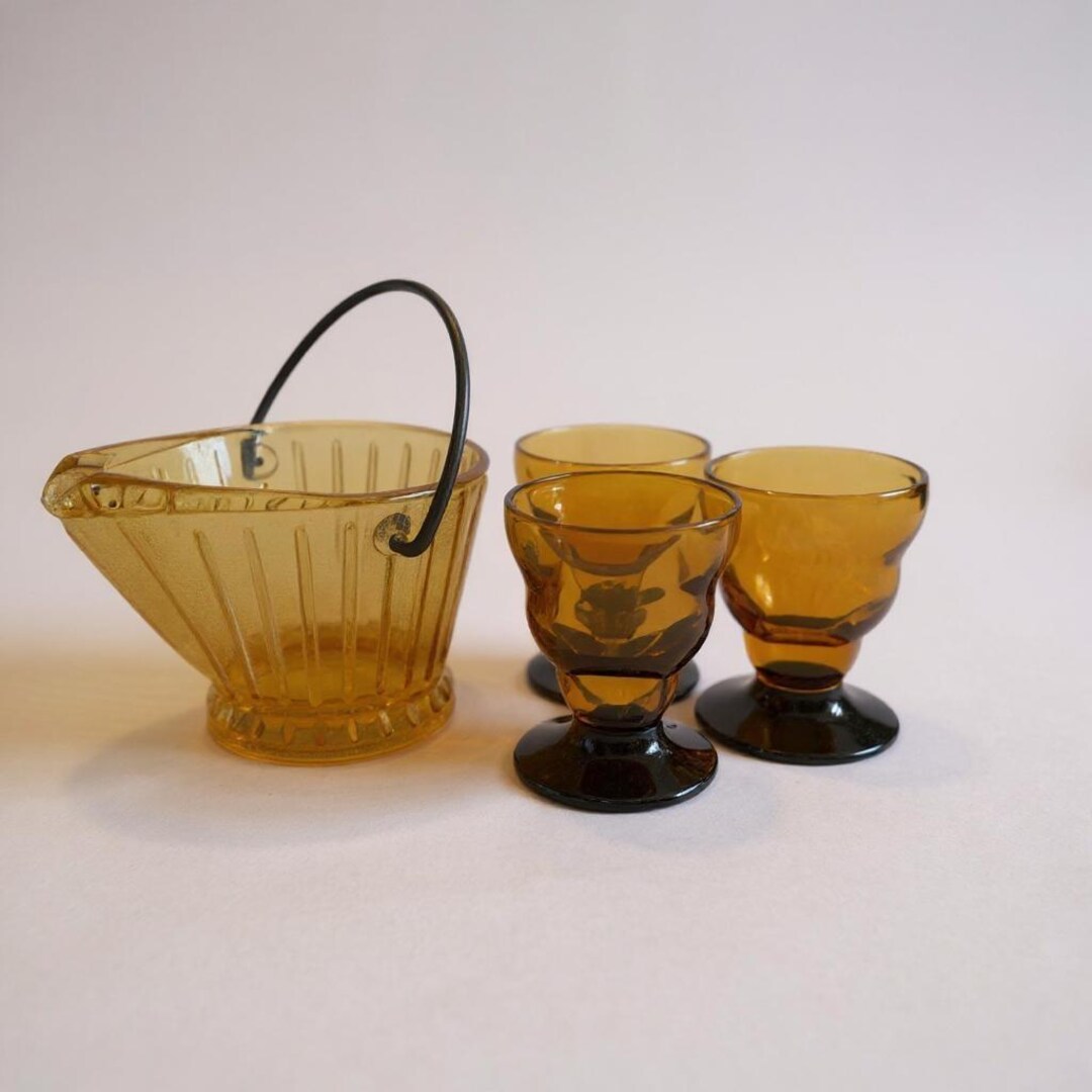 Vintage MCM Hazel Atlas Amber Glass Coal Scuttle & Cordial Glasses - Etsy