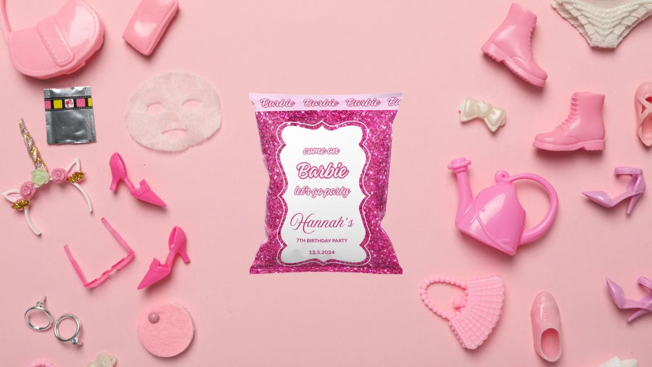 Pink Glitter Barbie Chip Bag Template: Printable 1oz Wrapper (canva ...
