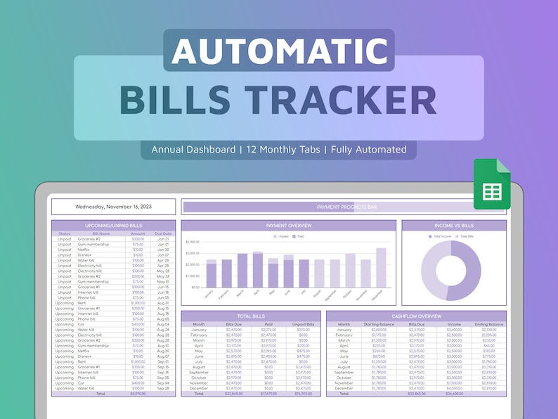 Bill Tracker Spreadsheet | Dashboard | Google Sheets | Monthly Planning ...
