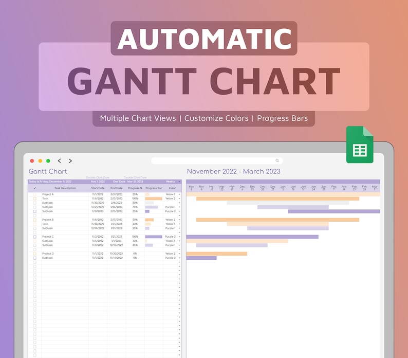 Gantt Chart | Automated Project Timeline | Task Tracker | Google Sheets Template - Etsy