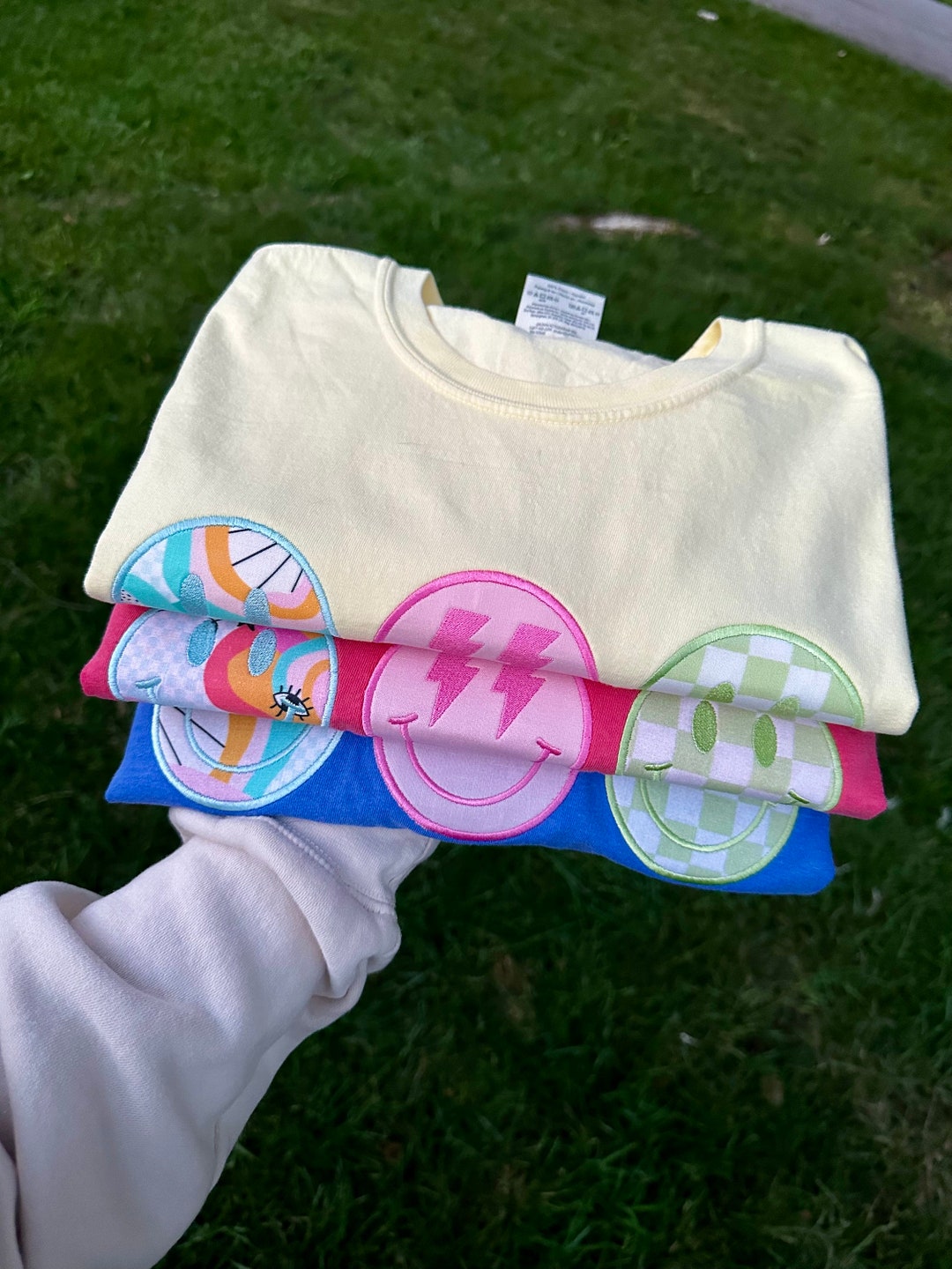 Triple Smiley Face Embroidered T-shirt - Etsy