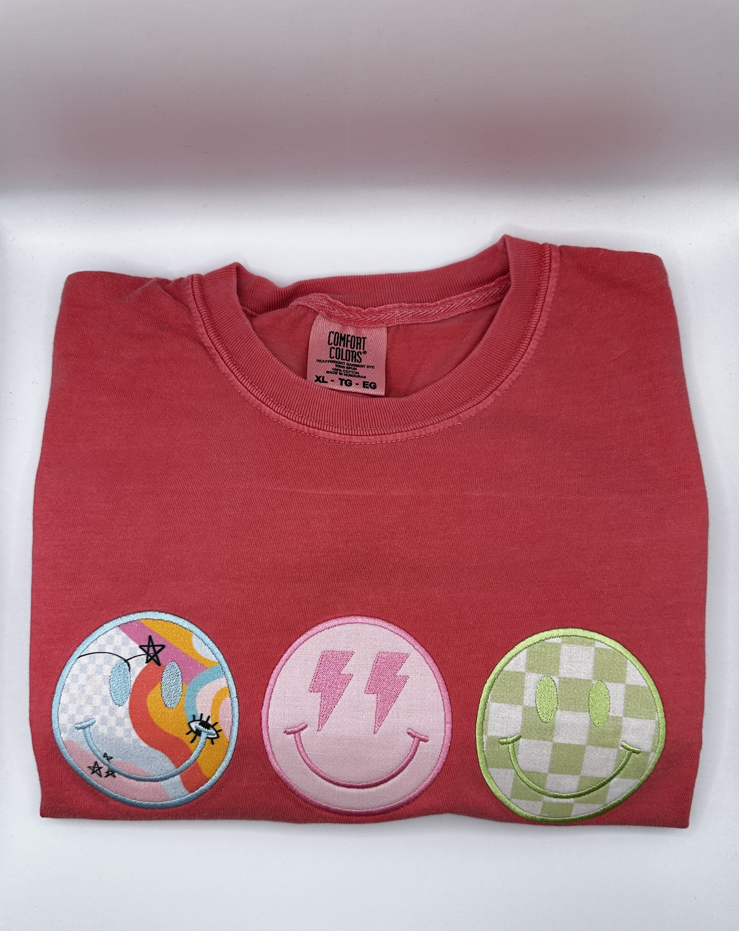 Triple Smiley Face Embroidered T-shirt - Etsy