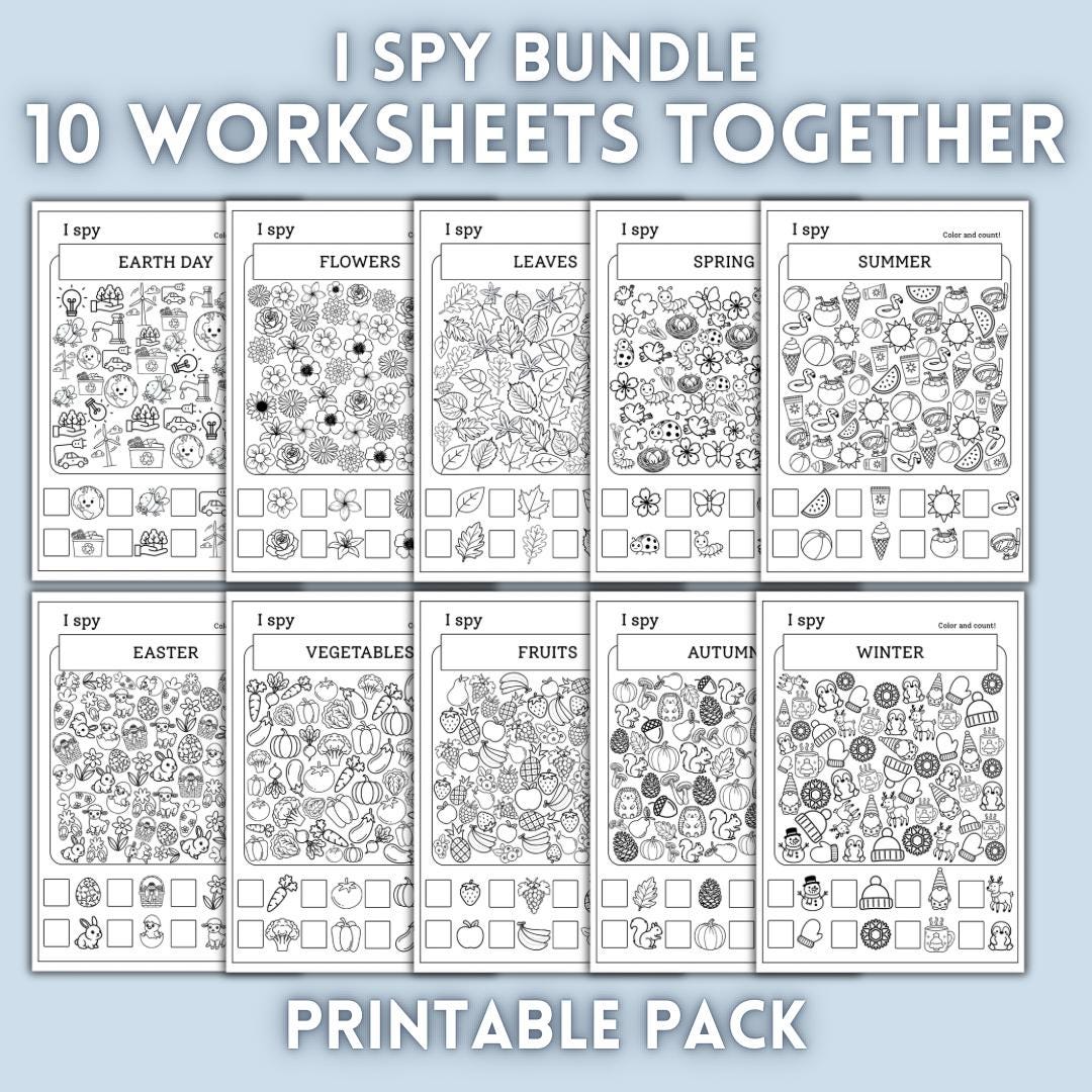 I Spy Bundle 10 Pages Printable Worksheets • Preschool Counting ...