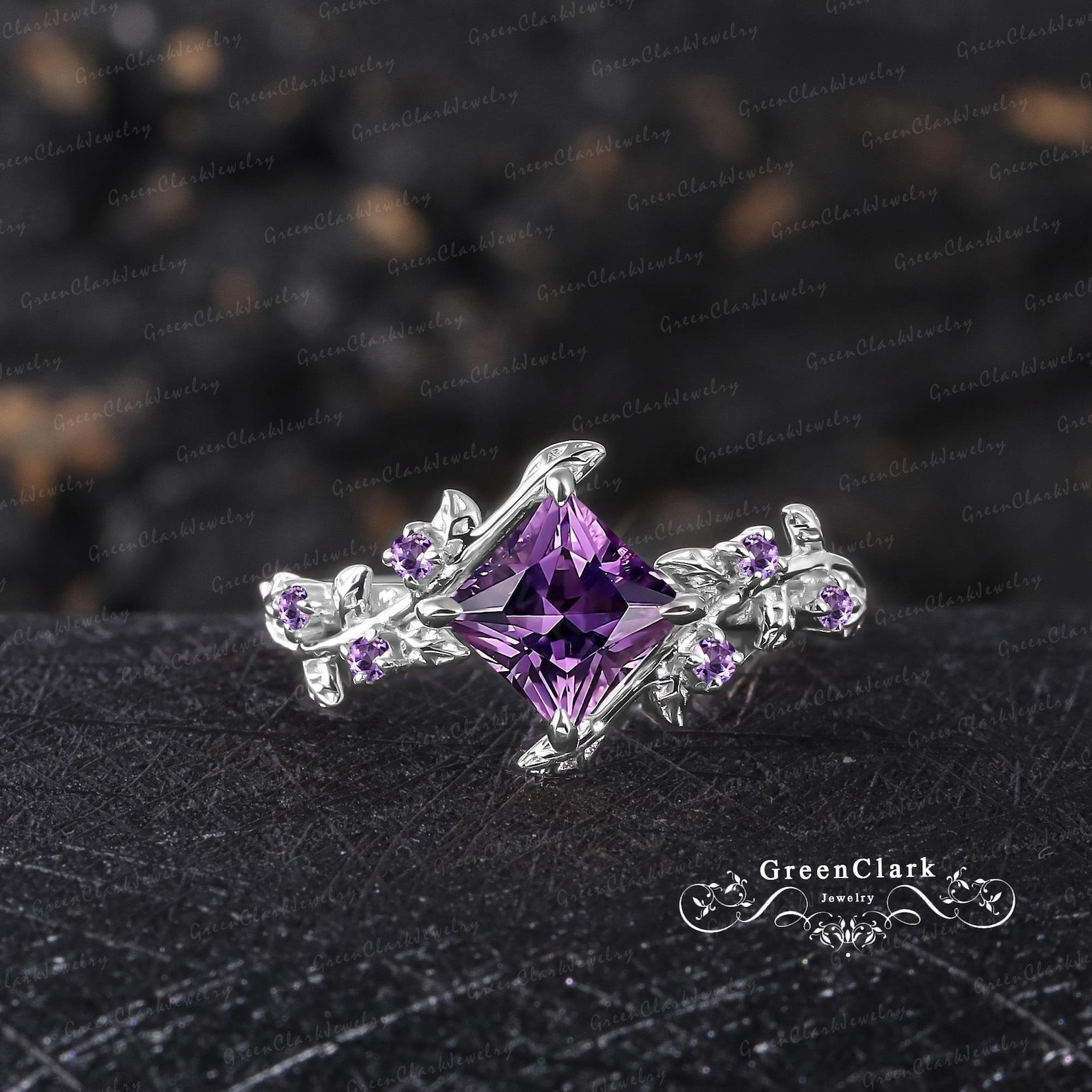 Princess Cut Amethyst Engagement Ring Art Deco Solid 14K White Gold ...