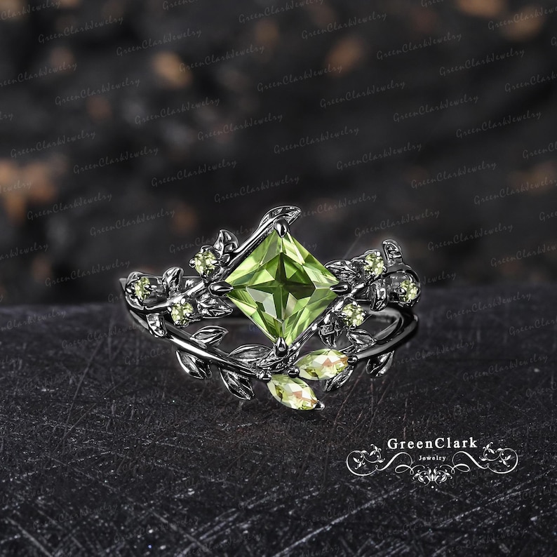 Princess Cut Peridot Engagement Ring Set Art Deco Solid 14K Gold Leaf ...