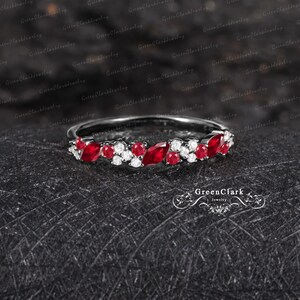 Vintage Red Ruby Wedding Ring Solid 14k Rose Gold Wedding Band Marquise July Birthstone Band ...