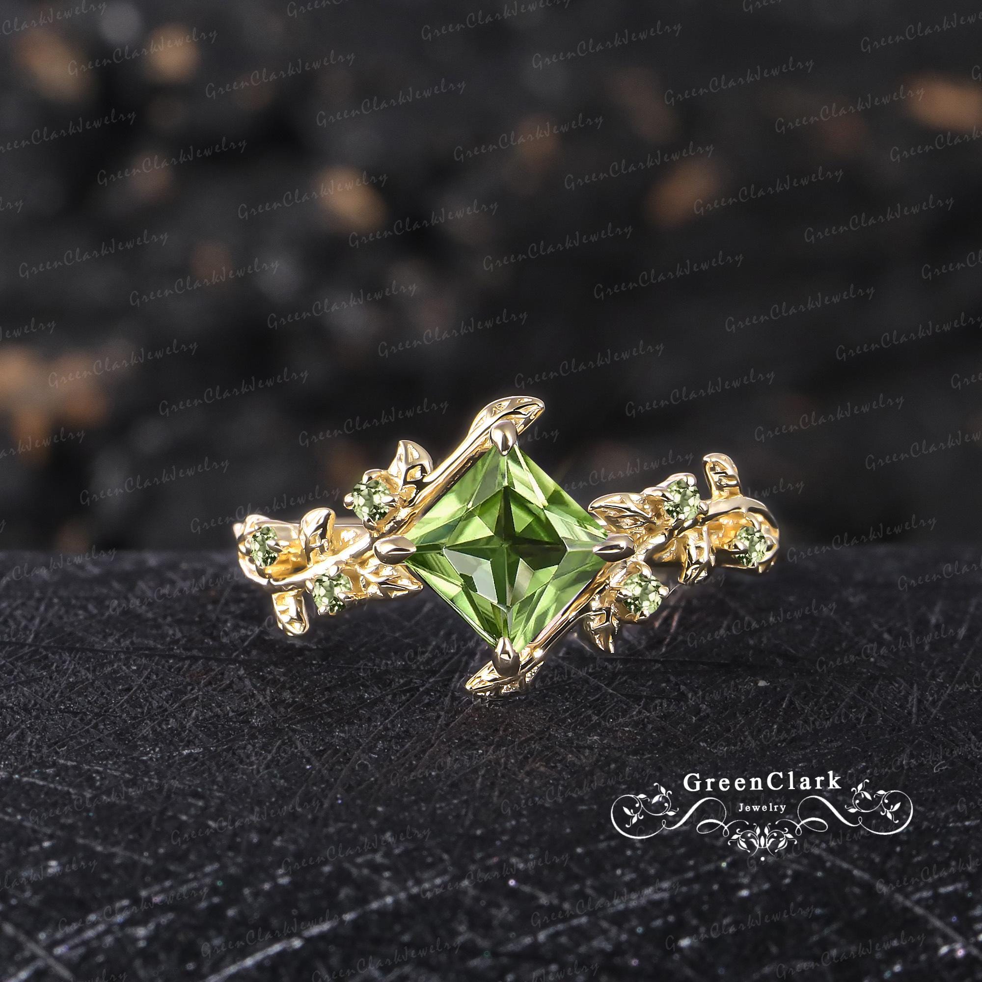 Princess Cut Peridot Engagement Ring Set Art Deco Solid 14K Gold Leaf ...