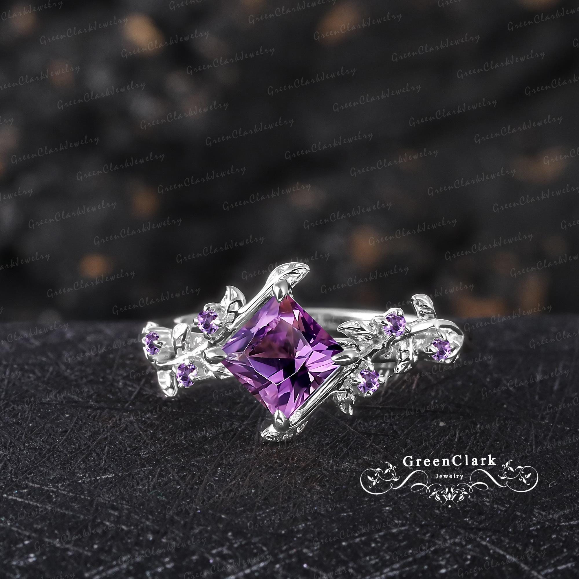 Princess Cut Amethyst Engagement Ring Art Deco Solid 14K White Gold ...