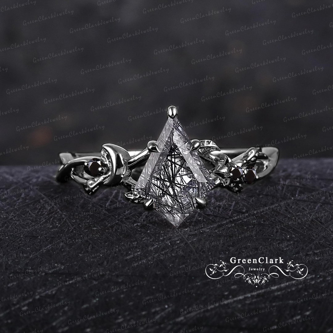Gothic Kite Black Rutilated Quartz Engagement Ring Art Deco Moon ...