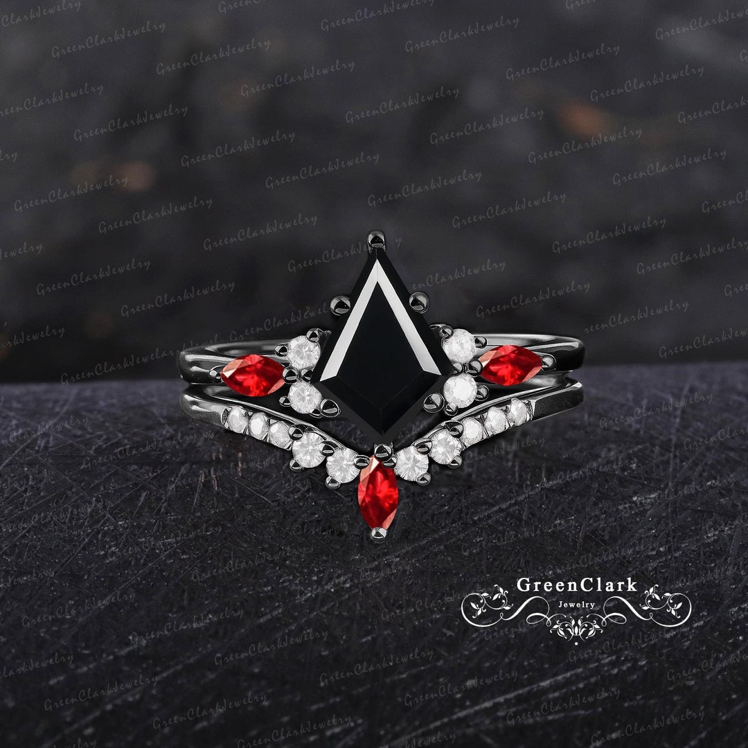 Gothic Kite Cut Black Onyx Engagement Ring Set Art Deco Promise Ring ...