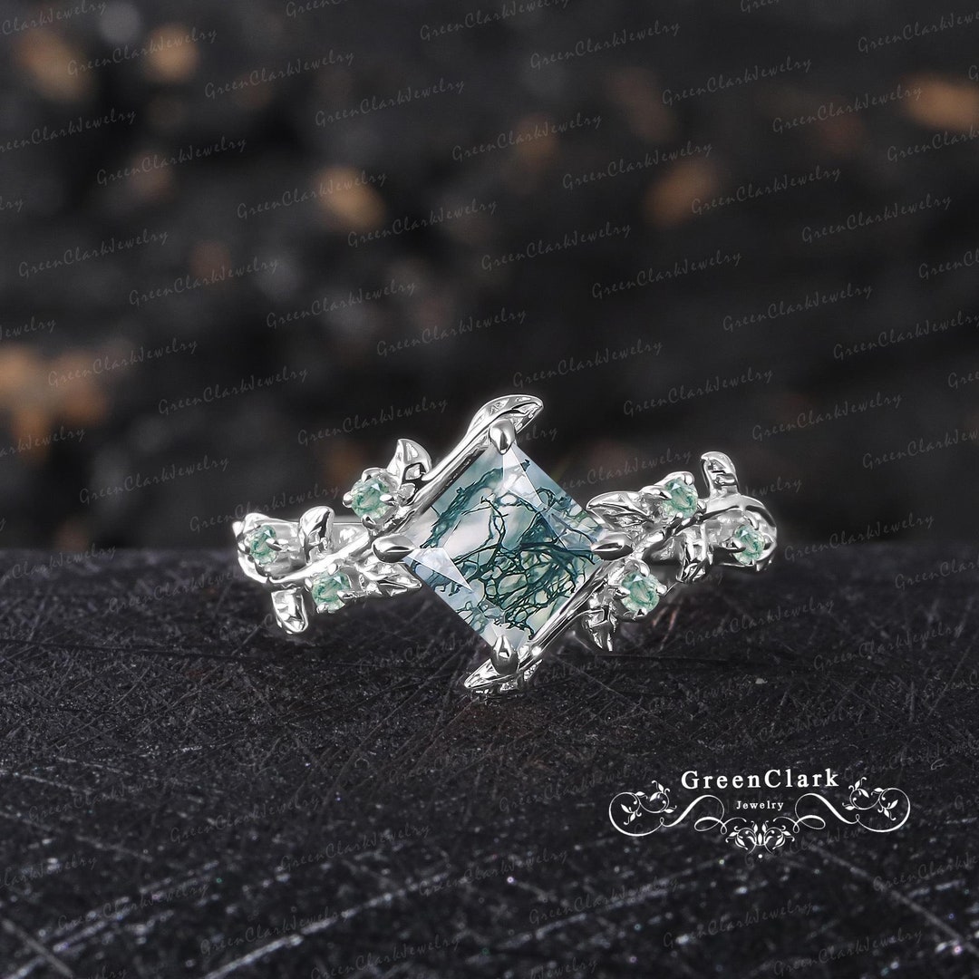 Princess Cut Moss Agate Engagement Ring Art Deco Solid 14K White Gold ...