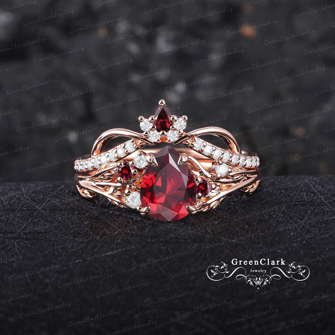 Unique Pear Cut Ruby Engagement Ring Sets Art Deco Leaf Promise Ring Nature Inspired Solid 14k ...