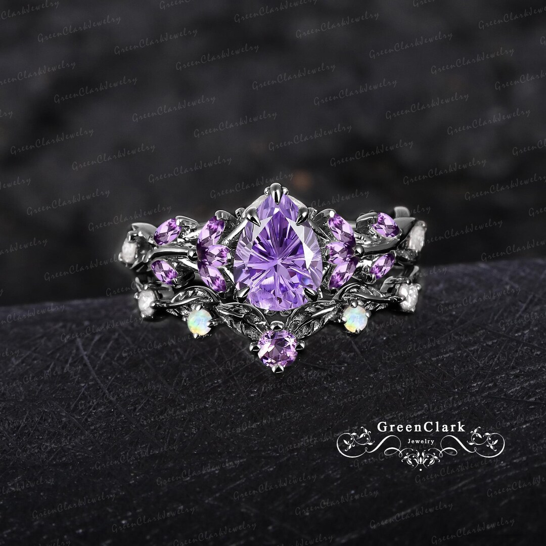 Firework Cut Pear Shaped Amethyst Engagement Ring Set Gothic Black Gold ...