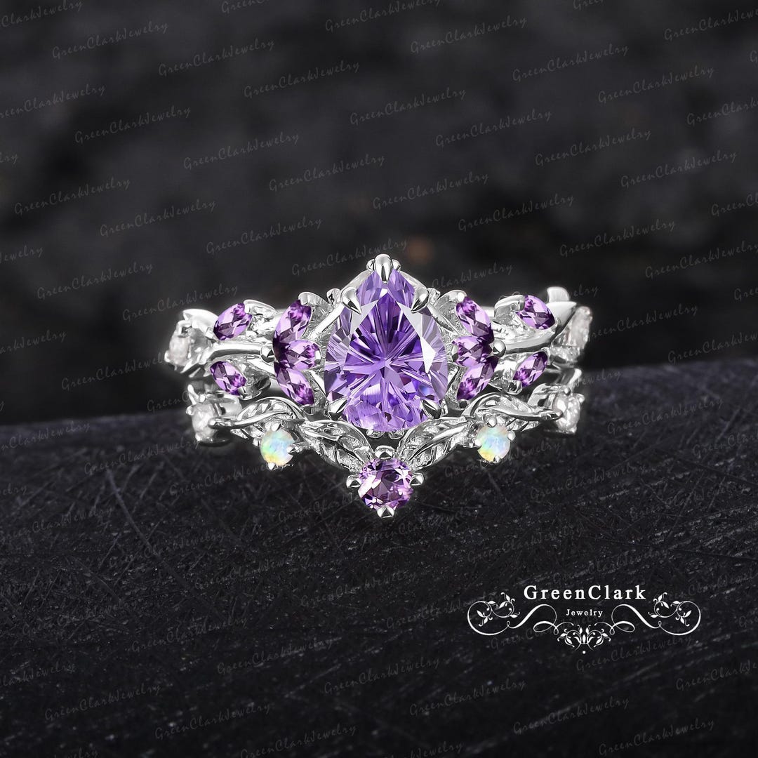Firework Cut Pear Shaped Amethyst Engagement Ring Set Art Deco Leaf ...