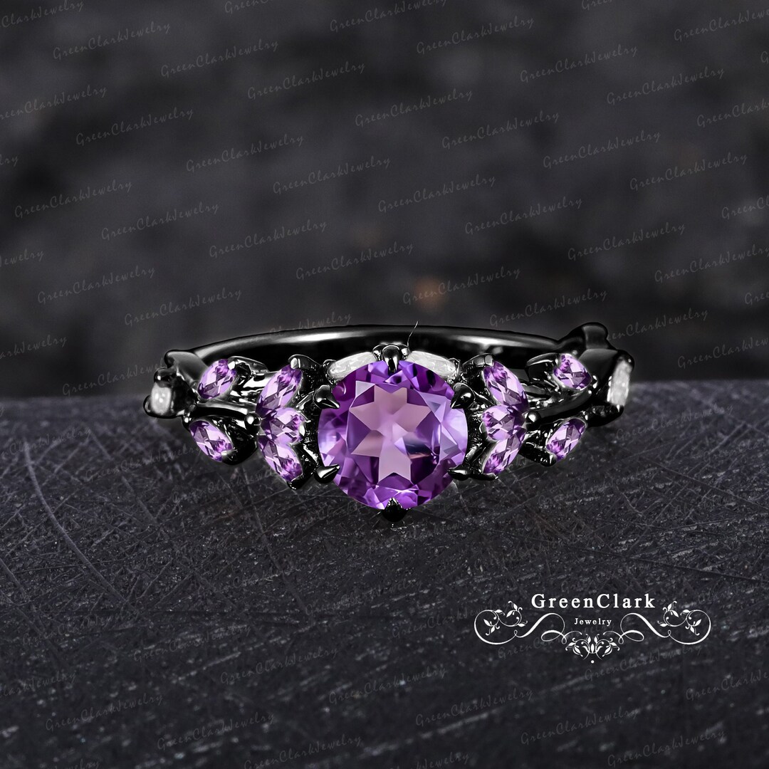 Gothic Amethyst Engagement Ring Unique Solid 14k Black Gold Leaf Ring ...
