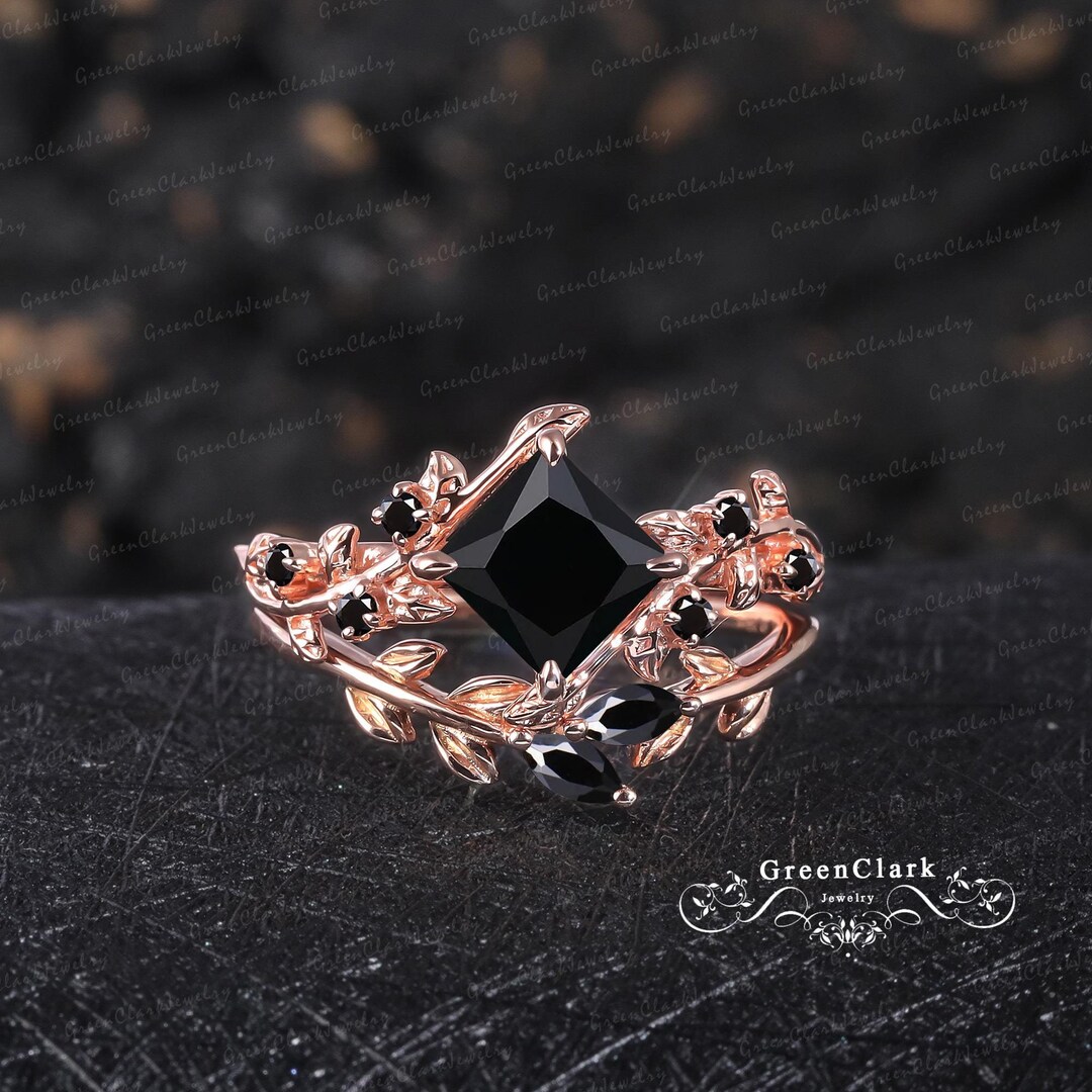 Princess Cut Black Onyx Engagement Ring Set Art Deco Solid 14K Rose ...