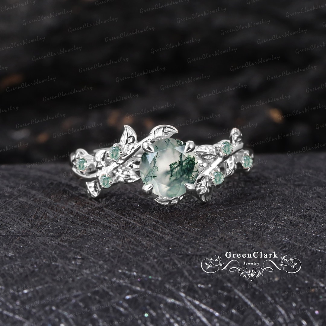 Vintage Moss Agate Engagement Ring Art Deco Leaf Promise Ring Nature ...