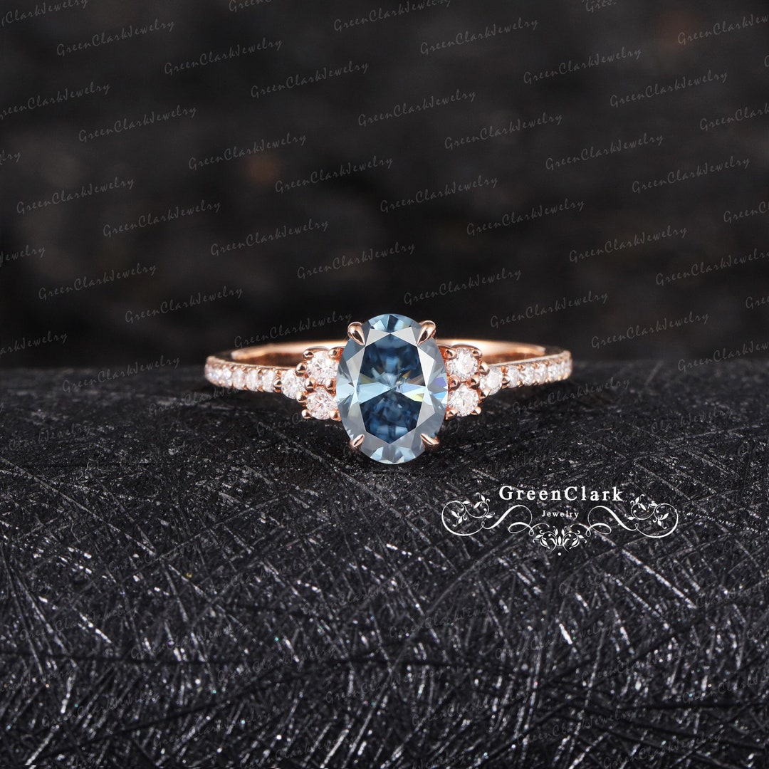 Blue Grey Moissanite Engagement Ring Art Deco Oval Cut Promise Ring 14k ...