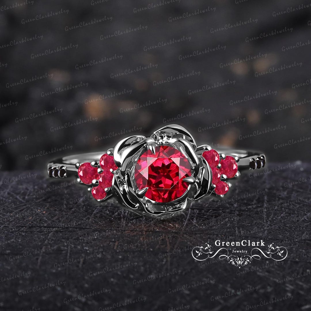 Gothic Red Ruby Floral Engagement Ring Art Deco Rose Flower Promise ...