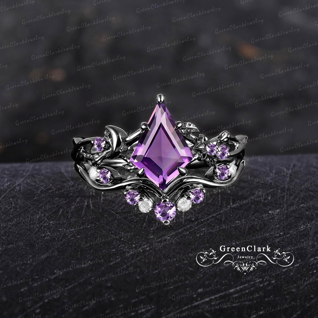 Gothic Kite Cut Amethyst Engagement Ring Set Art Deco Moon Leaf Promise ...