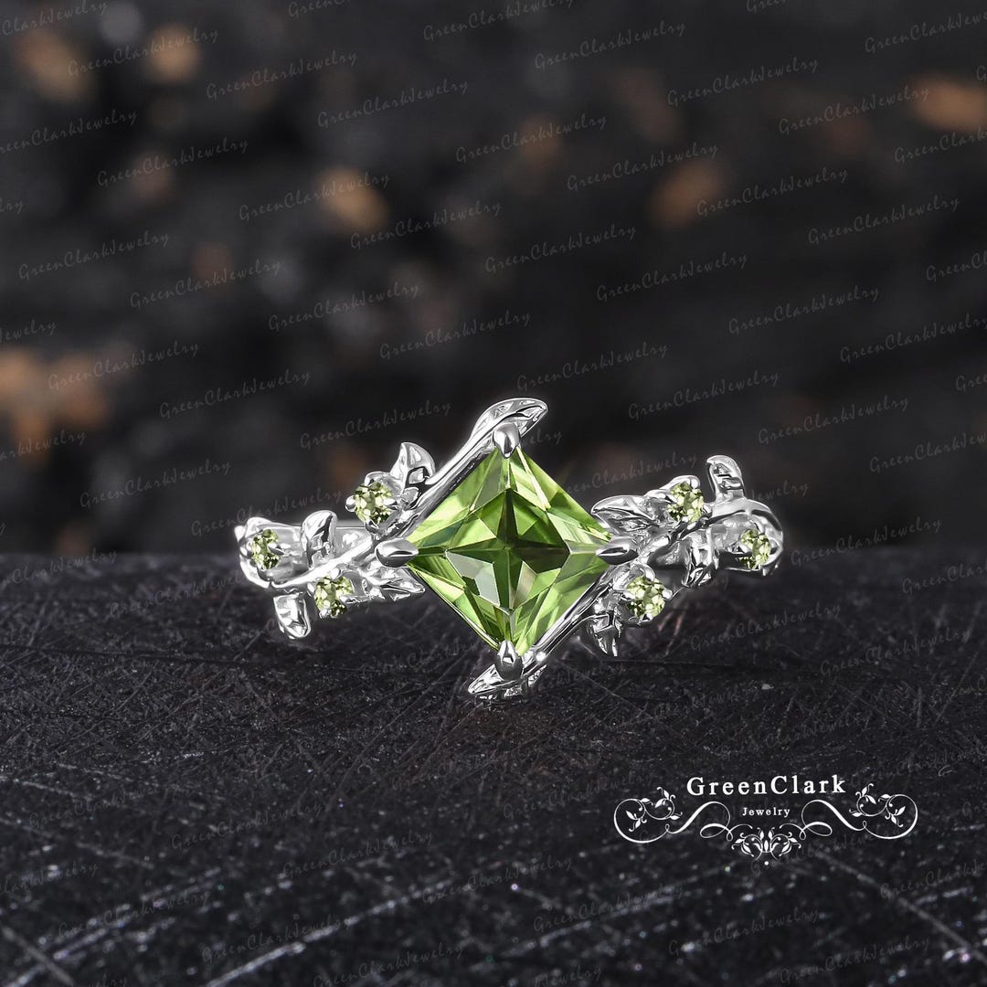 Princess Cut Peridot Engagement Ring Art Deco Solid 14K Gold Leaf ...