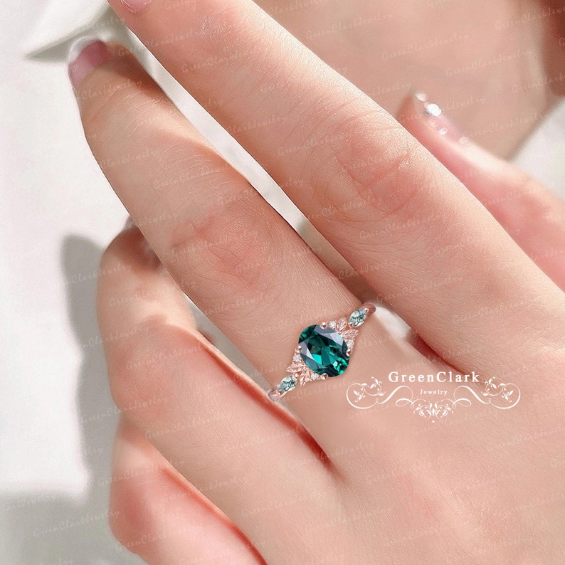 Anillo de compromiso vintage con esmeralda de corte ovalado, anillo de ...