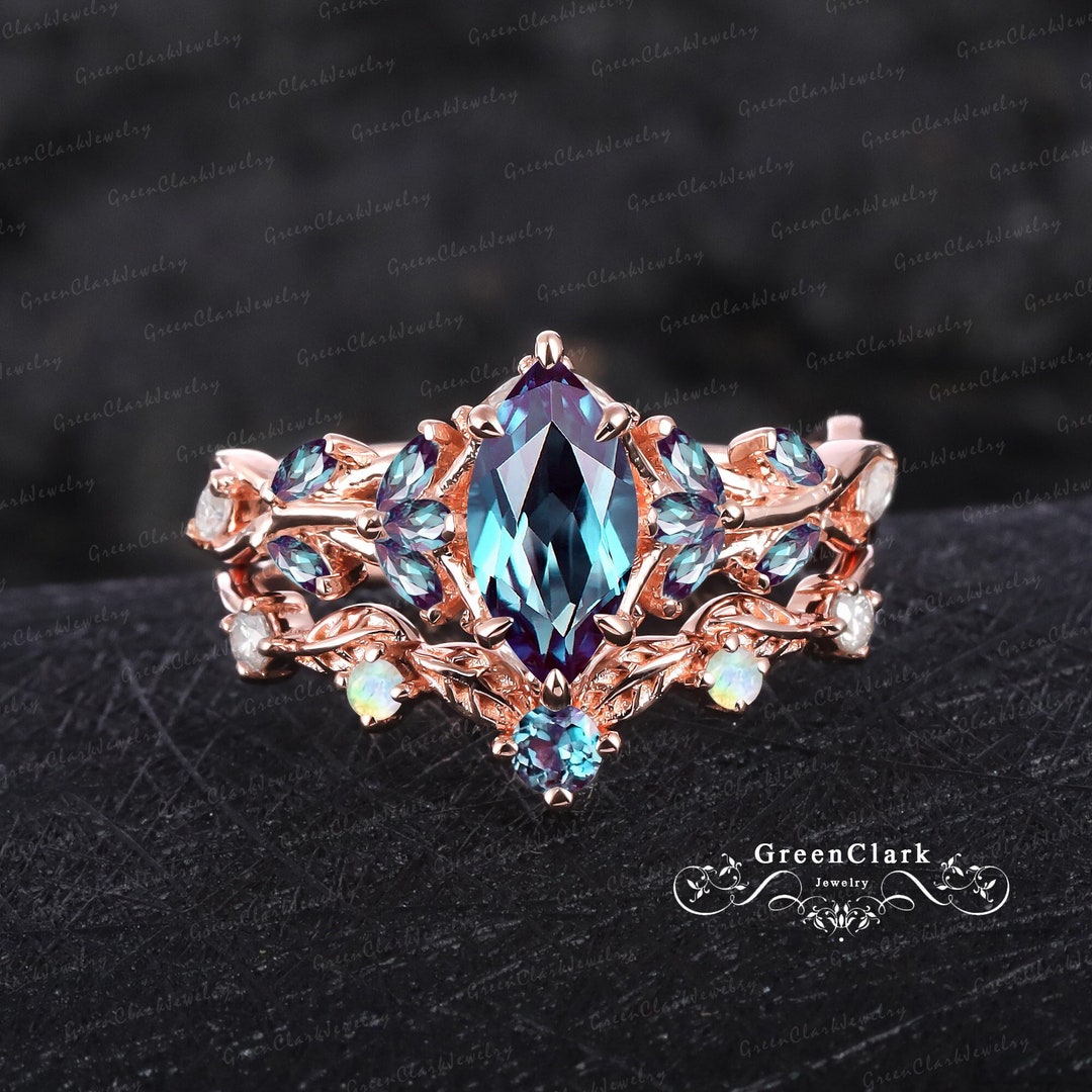 Unique Marquise Cut Alexandrite Engagement Ring Sets Art Deco Leaf ...