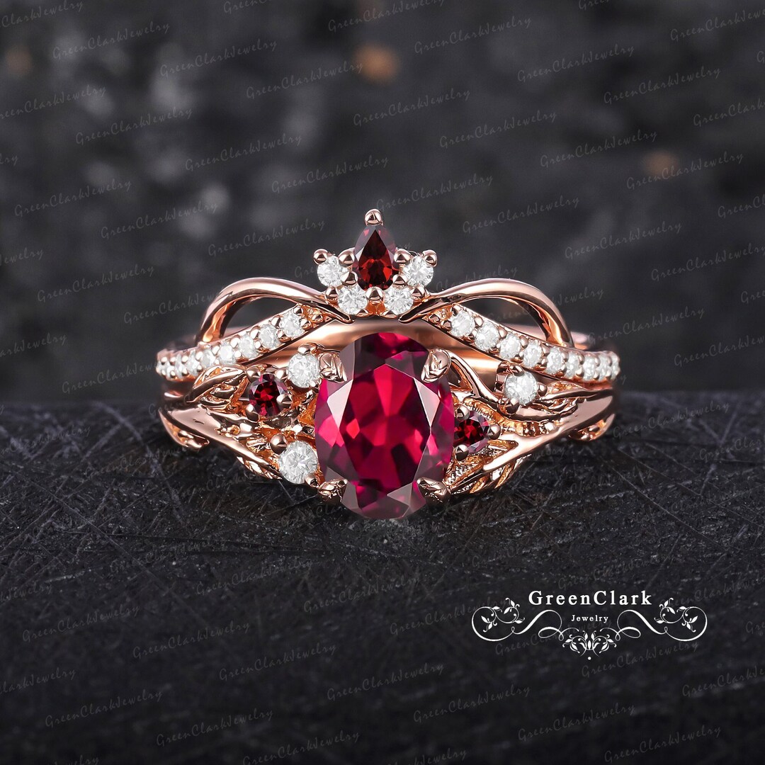 Unique Oval Cut Ruby Engagement Ring Sets Art Deco Leaf Promise Ring Nature Inspired Solid 14k ...