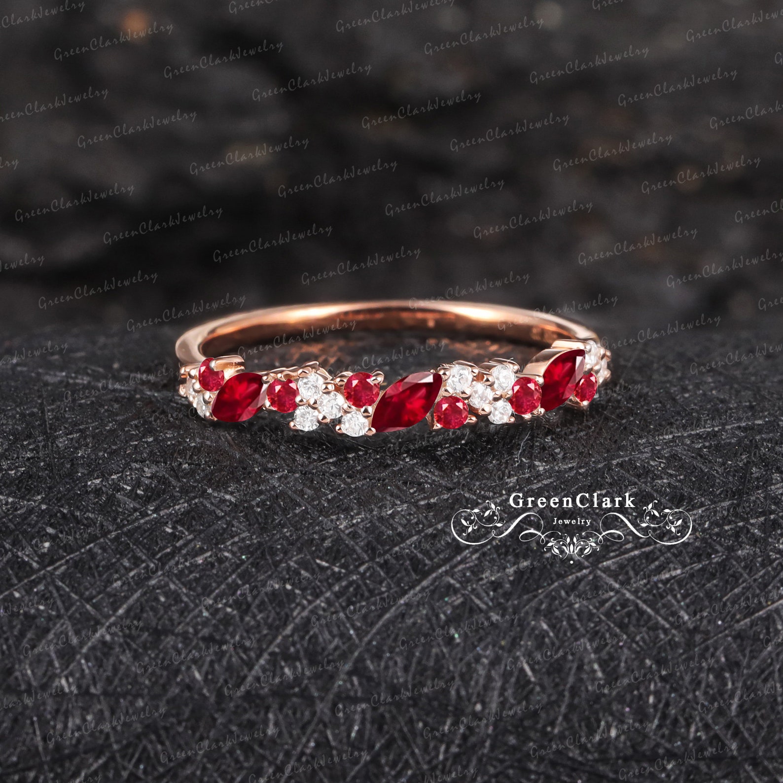 Vintage Red Ruby Wedding Ring Solid 14k Rose Gold Wedding Band Marquise ...