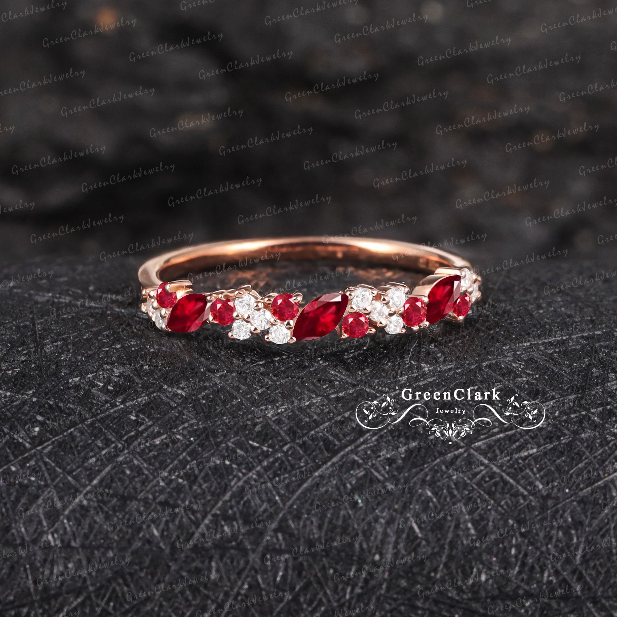 Vintage Red Ruby Wedding Ring Solid 14k Rose Gold Wedding Band Marquise ...